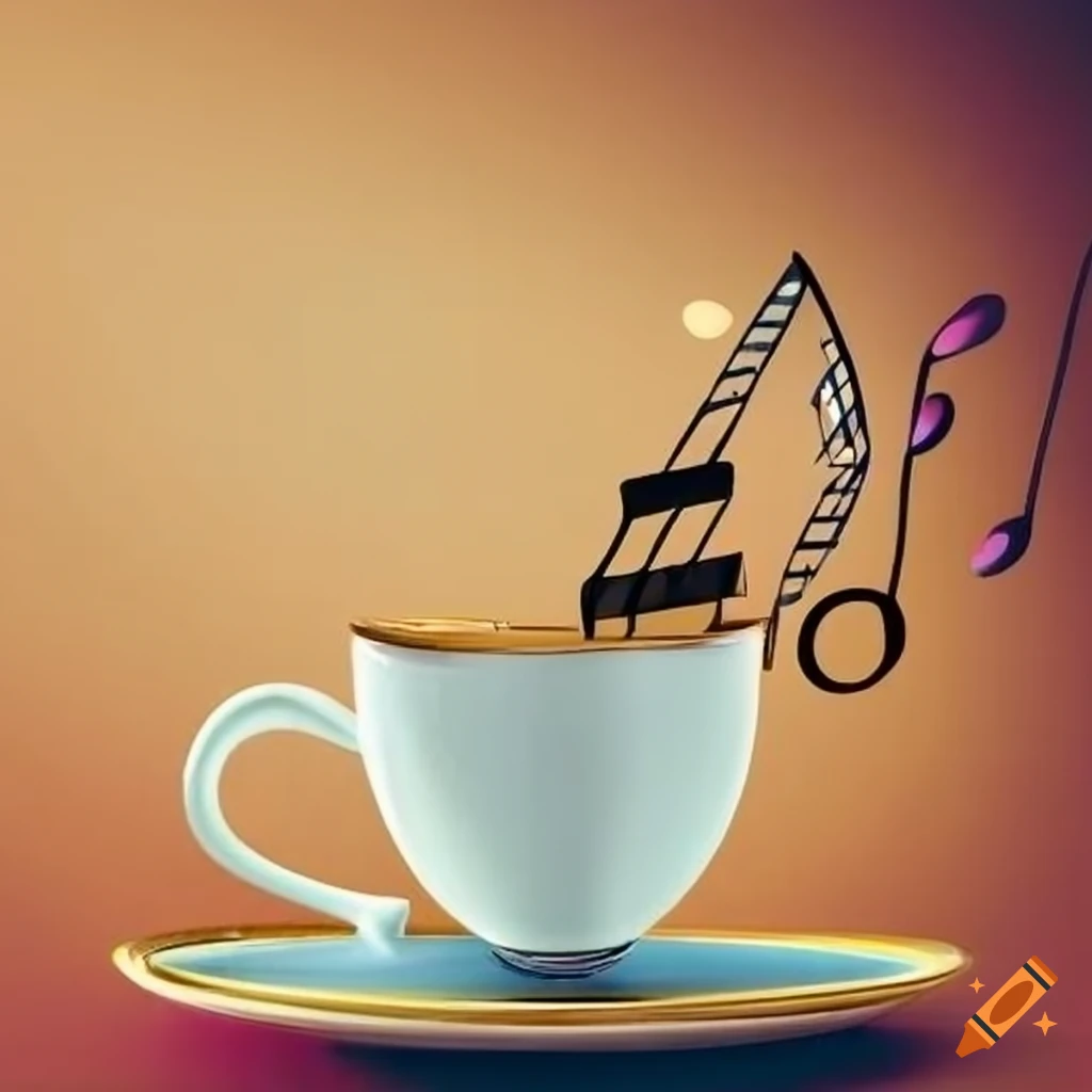 Cup of tea with musical stave and notes floating out on Craiyon