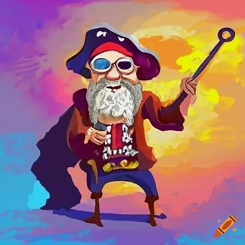 Happy pirate with eyepatch against a sunset background on Craiyon