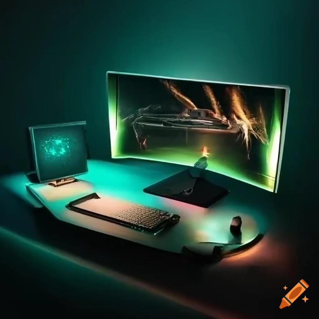 Hd gaming setup in a room with a tornado outside on Craiyon