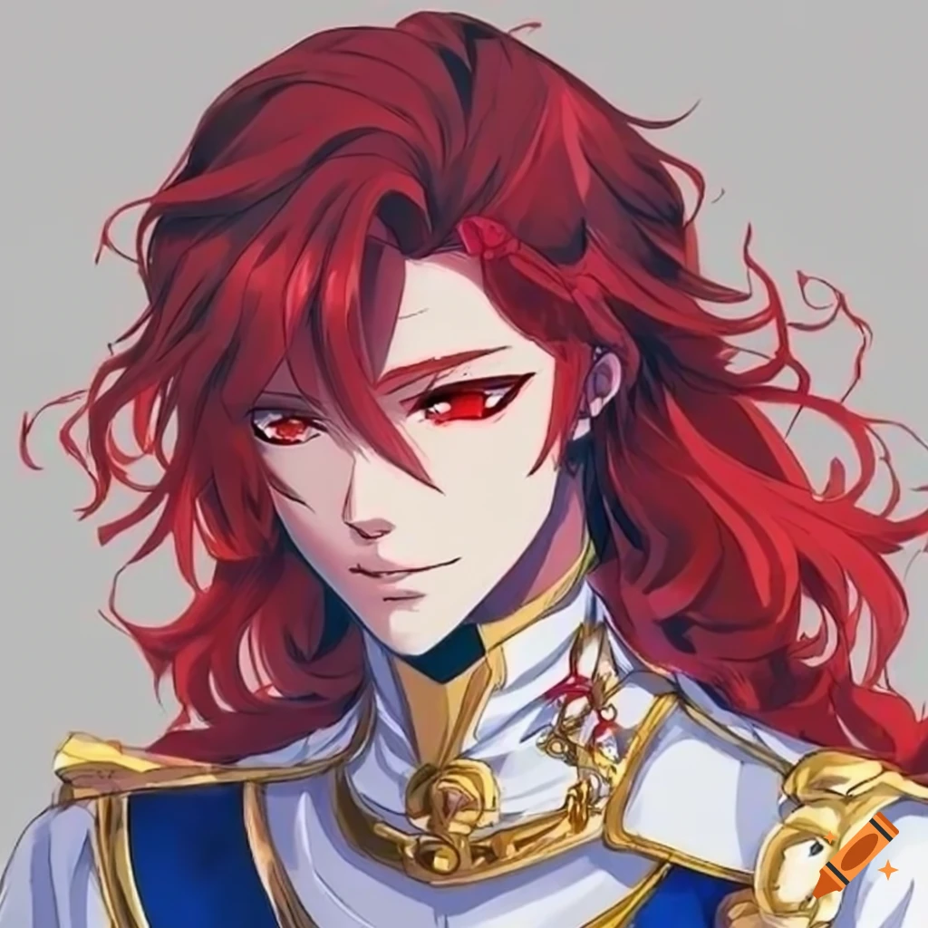 Anime prince with long wavy red hair and red eyes on Craiyon