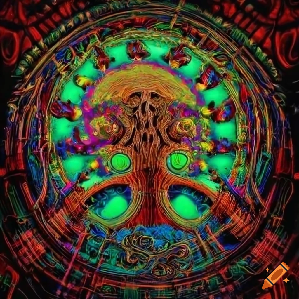 Psychedelic alien tree in tube art style with tropical plants in retro futuristic forest setting ...