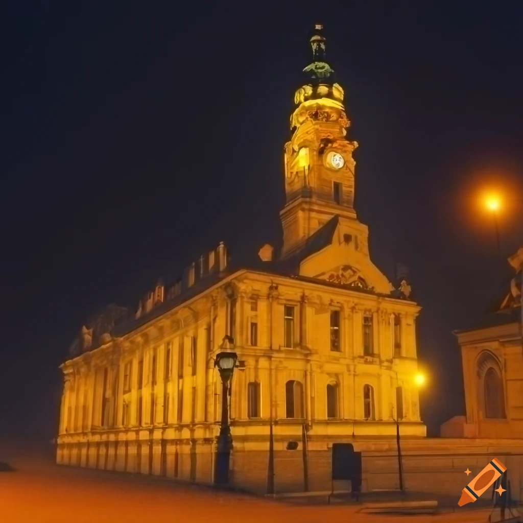 Dimly lit old city street with an old town hall in the foreground on ...