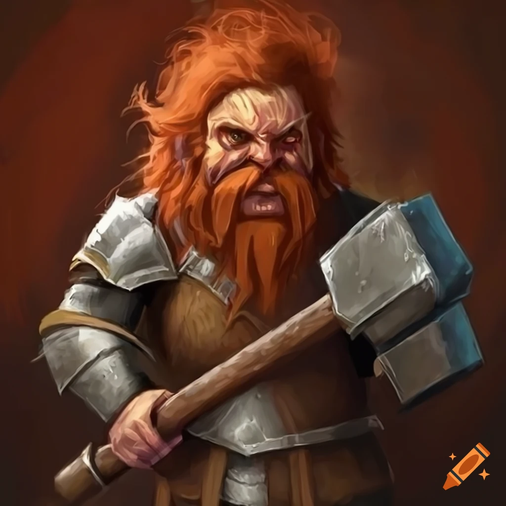 Male red-haired dwarf in plate armor with a large hammer on Craiyon