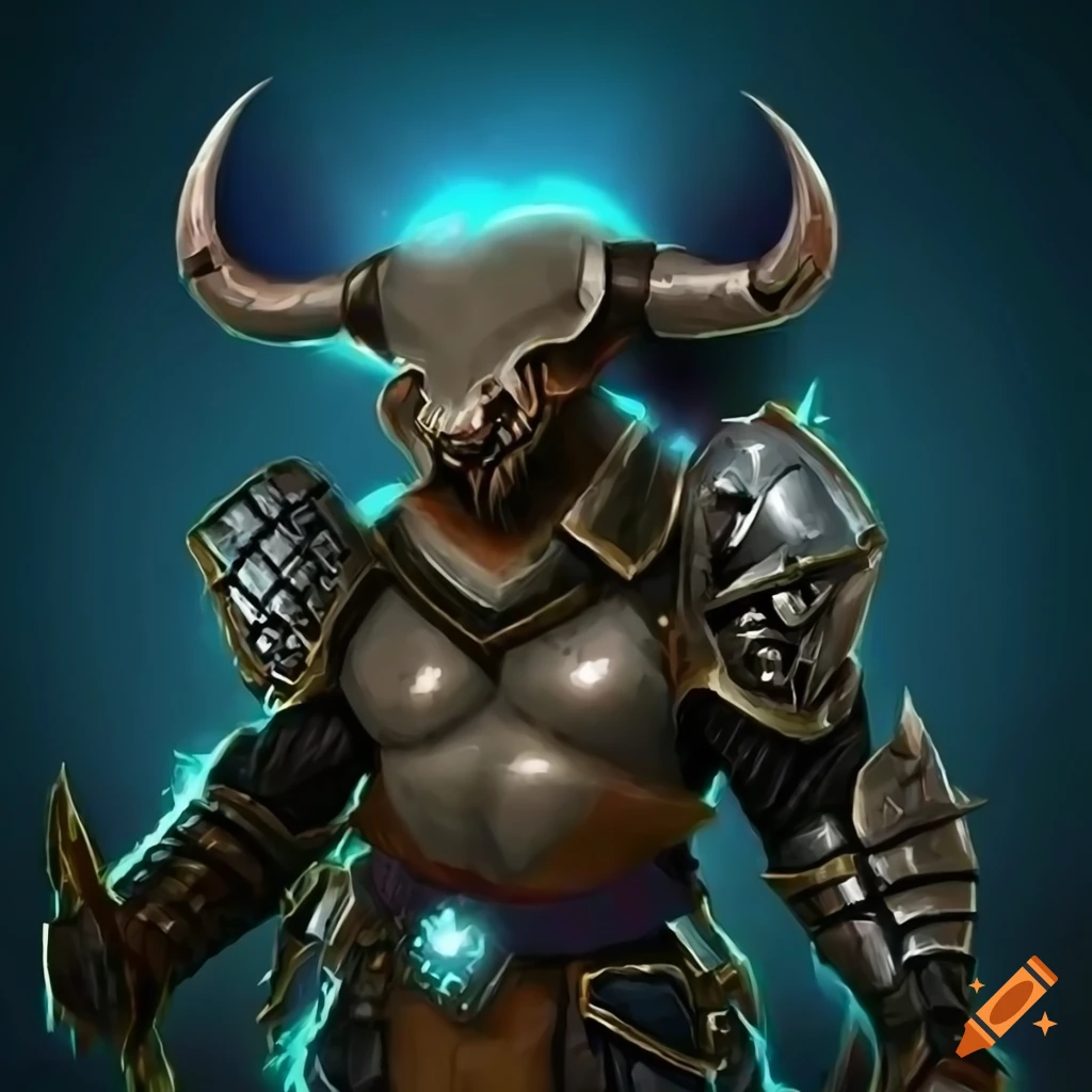 Intelligent minotaur soldier in full armor in a fantasy setting on Craiyon