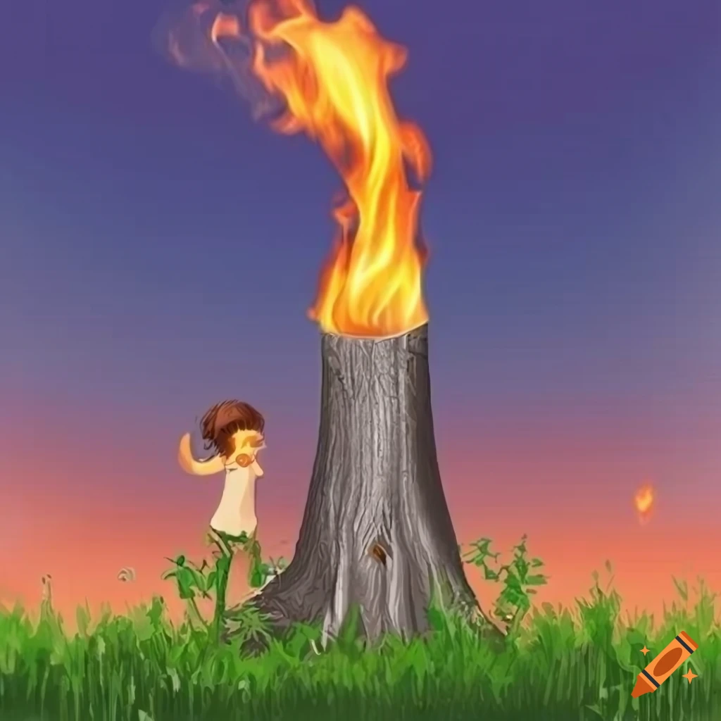 Two people in a meadow with a green tree and tall campfire flame on Craiyon