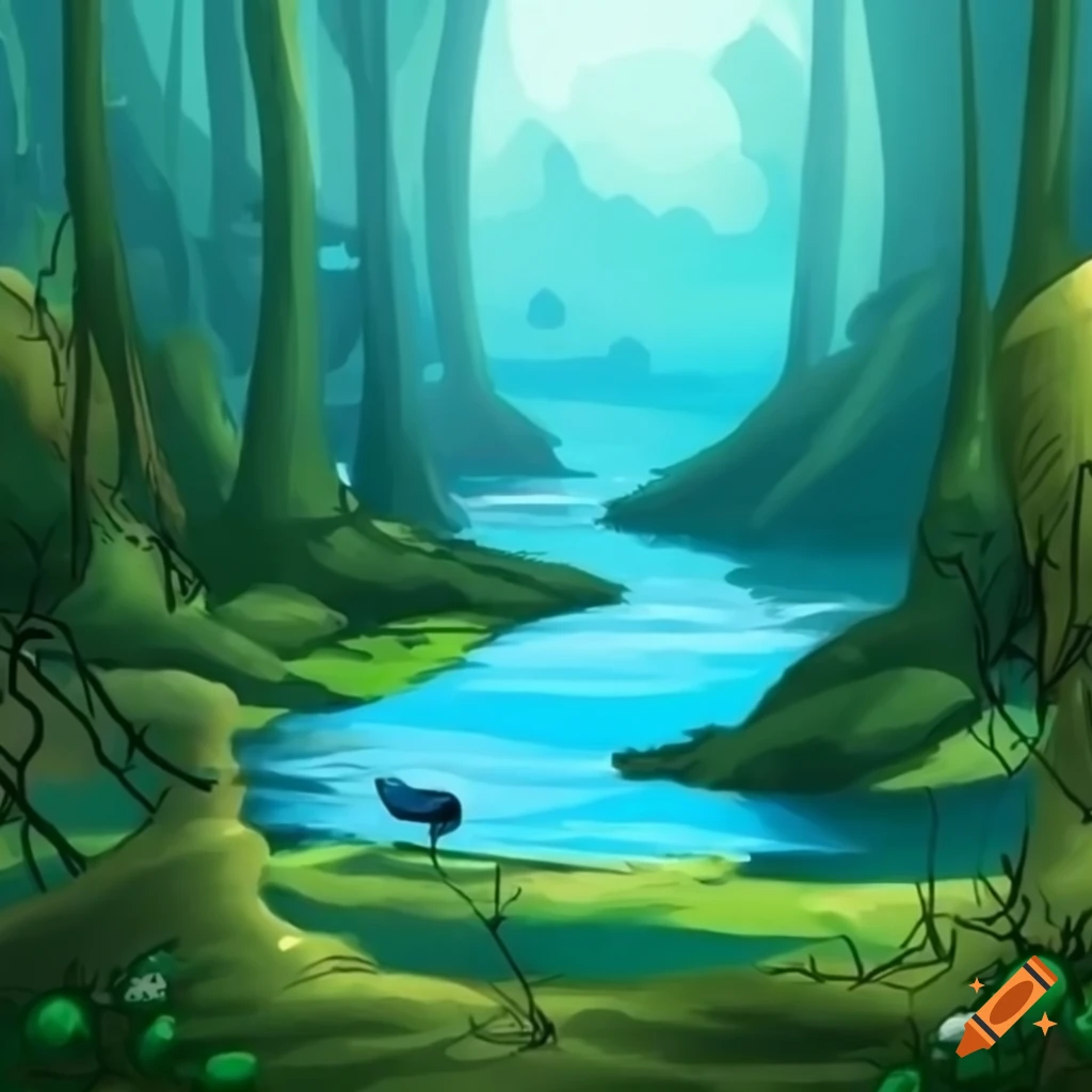 Cartoon forest with a river on Craiyon