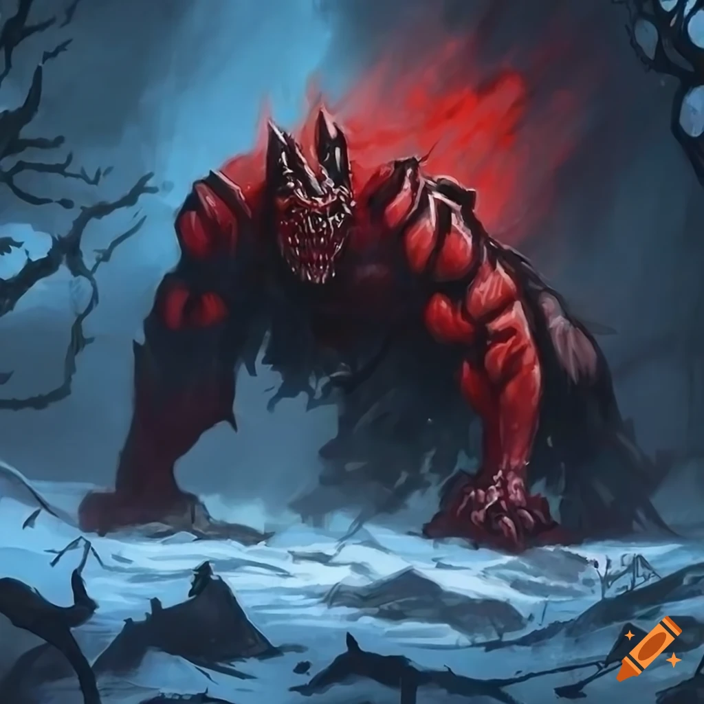 Rampaging red and black beast in a snowy desolate landscape on Craiyon