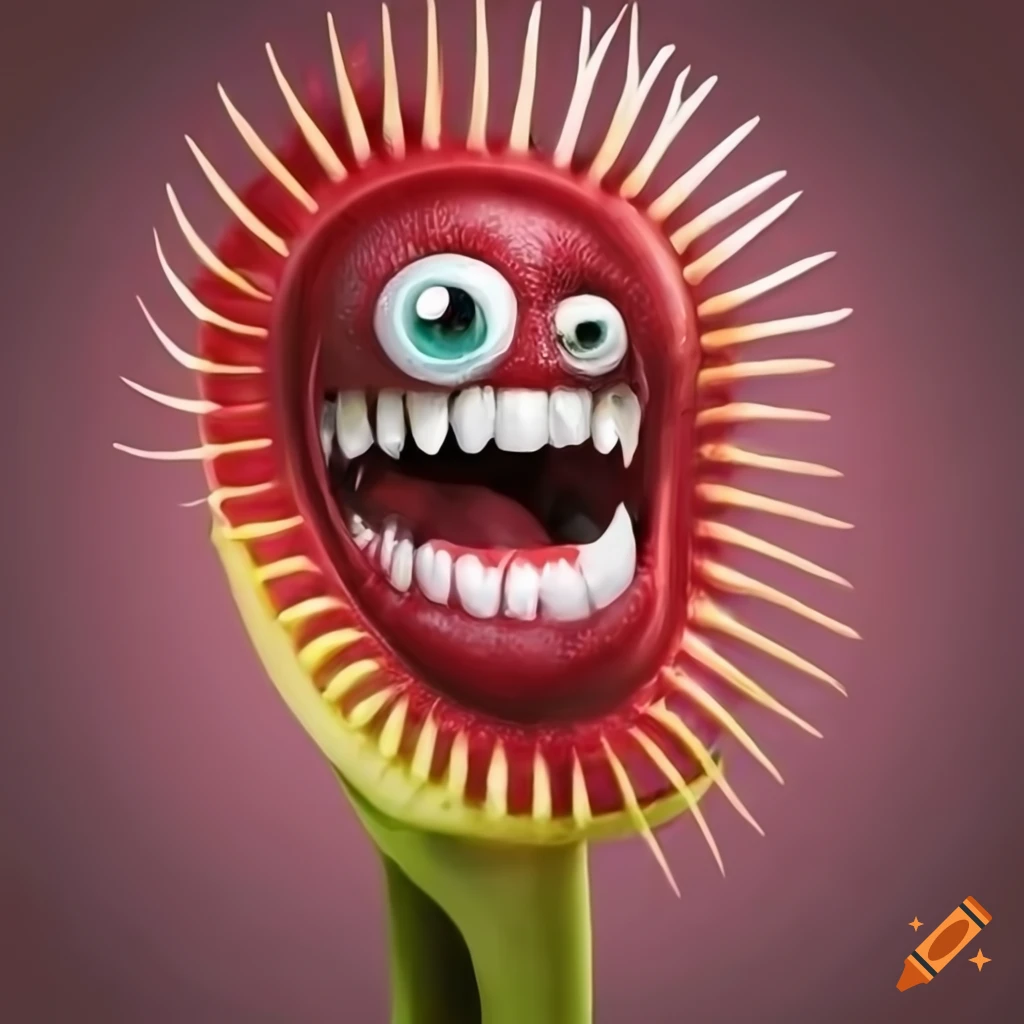 Realistic red venus flytrap character with white spots and big teeth on ...