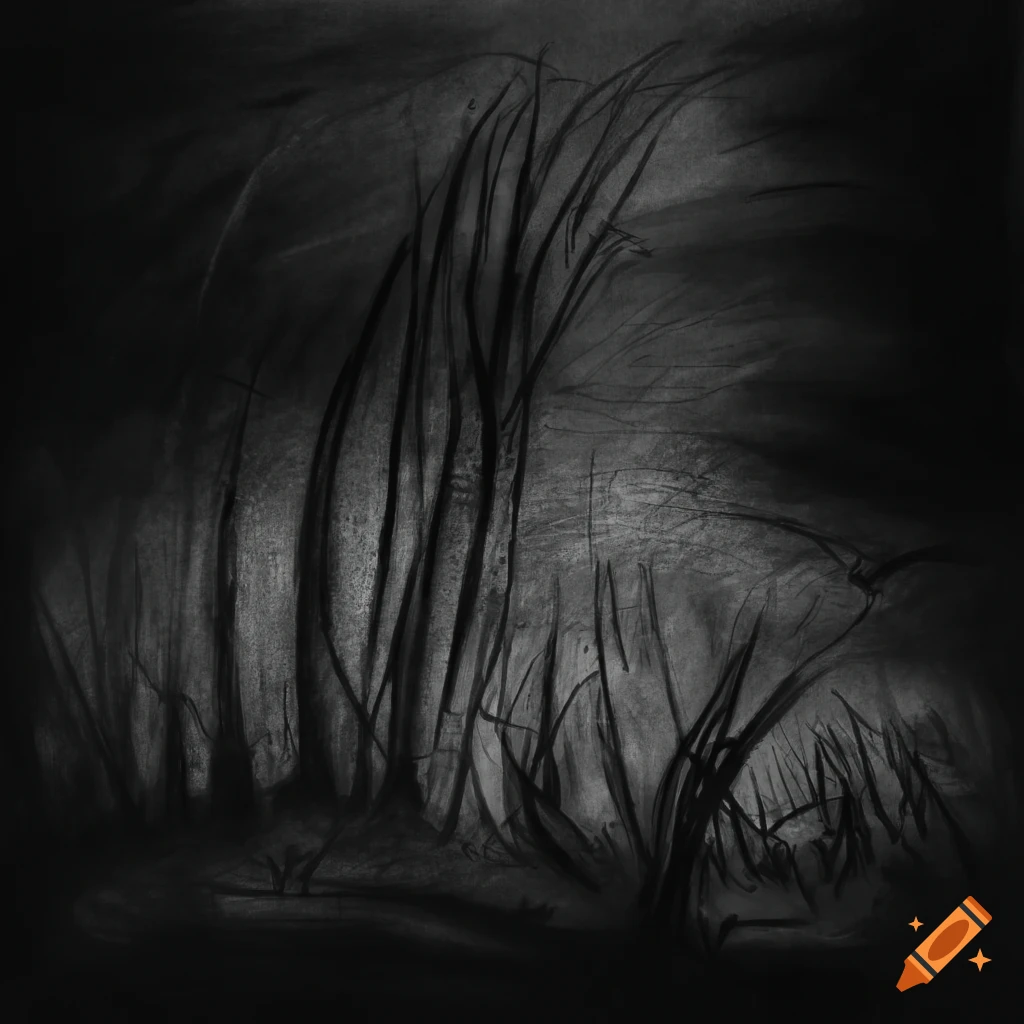 Grass and mud depicted in charcoal drawing in black and white on Craiyon