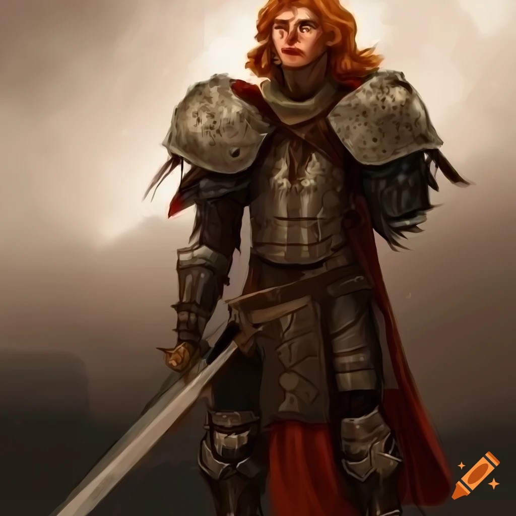 Angry freckled young paladin with ginger shoulder-length hair on Craiyon