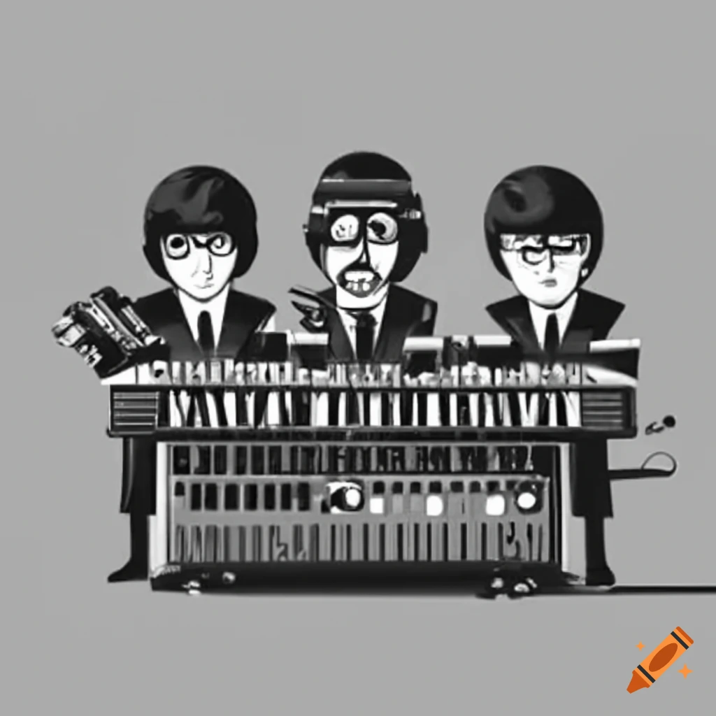 Cartoon depiction of the beatles with lennon playing a moog synthesizer ...