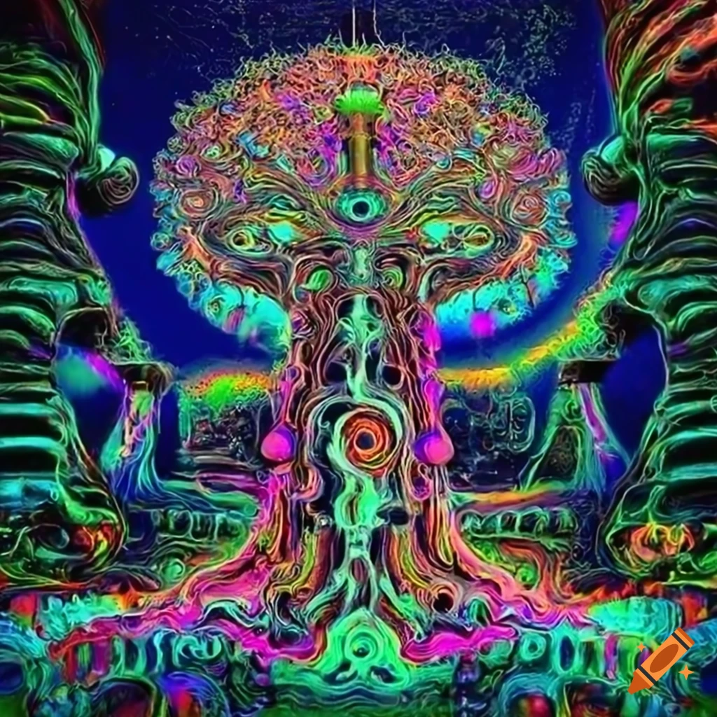 Psychedelic alien tree in tube art style with technical drawing of tropical plants on Craiyon