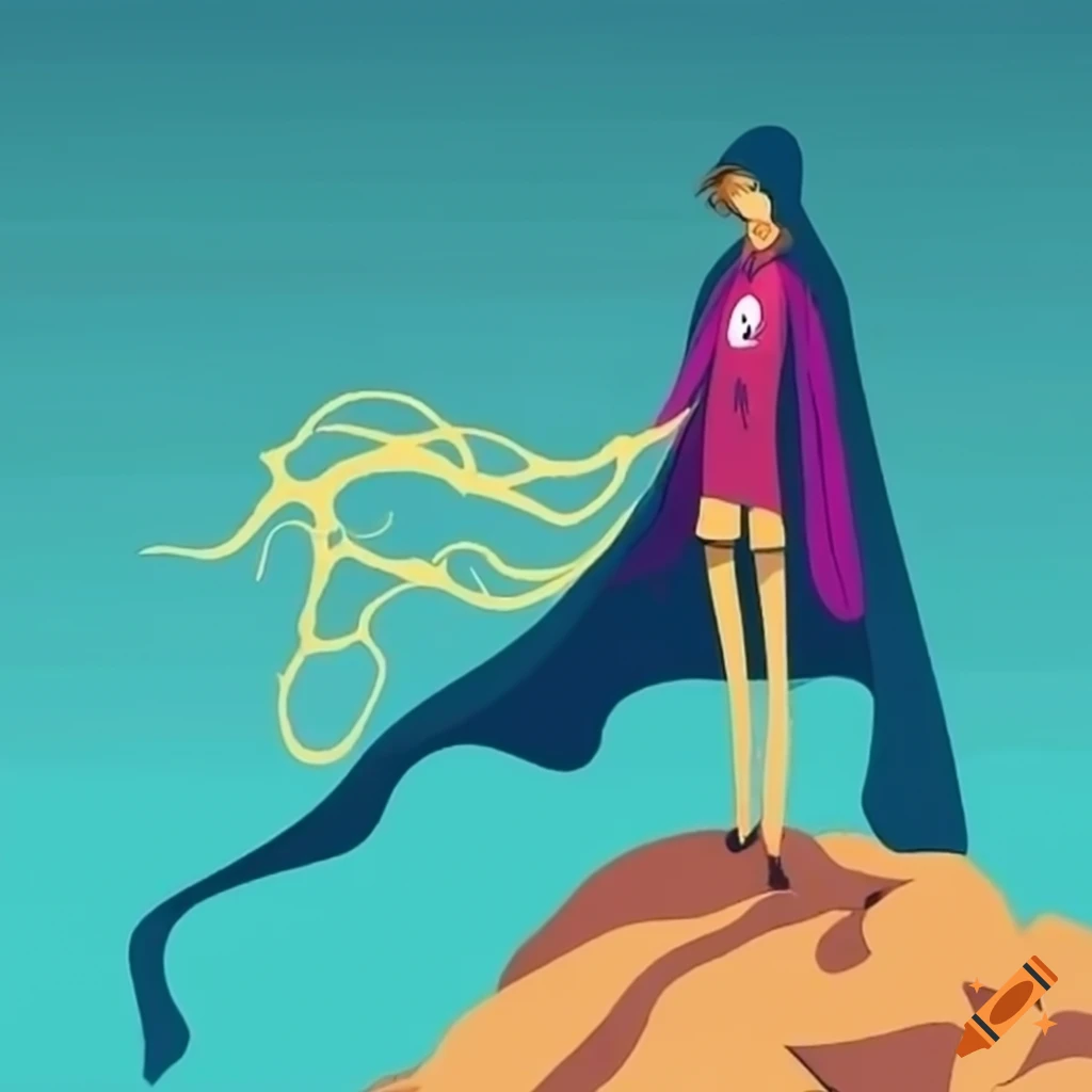 Mysterious character with long cape on a windy rock on Craiyon