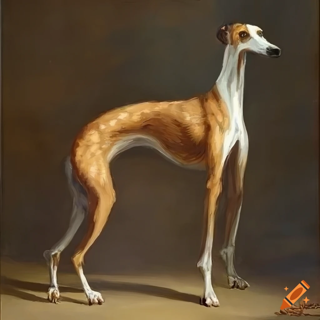 Brown and white spotted greyhound standing in profile view in old ...