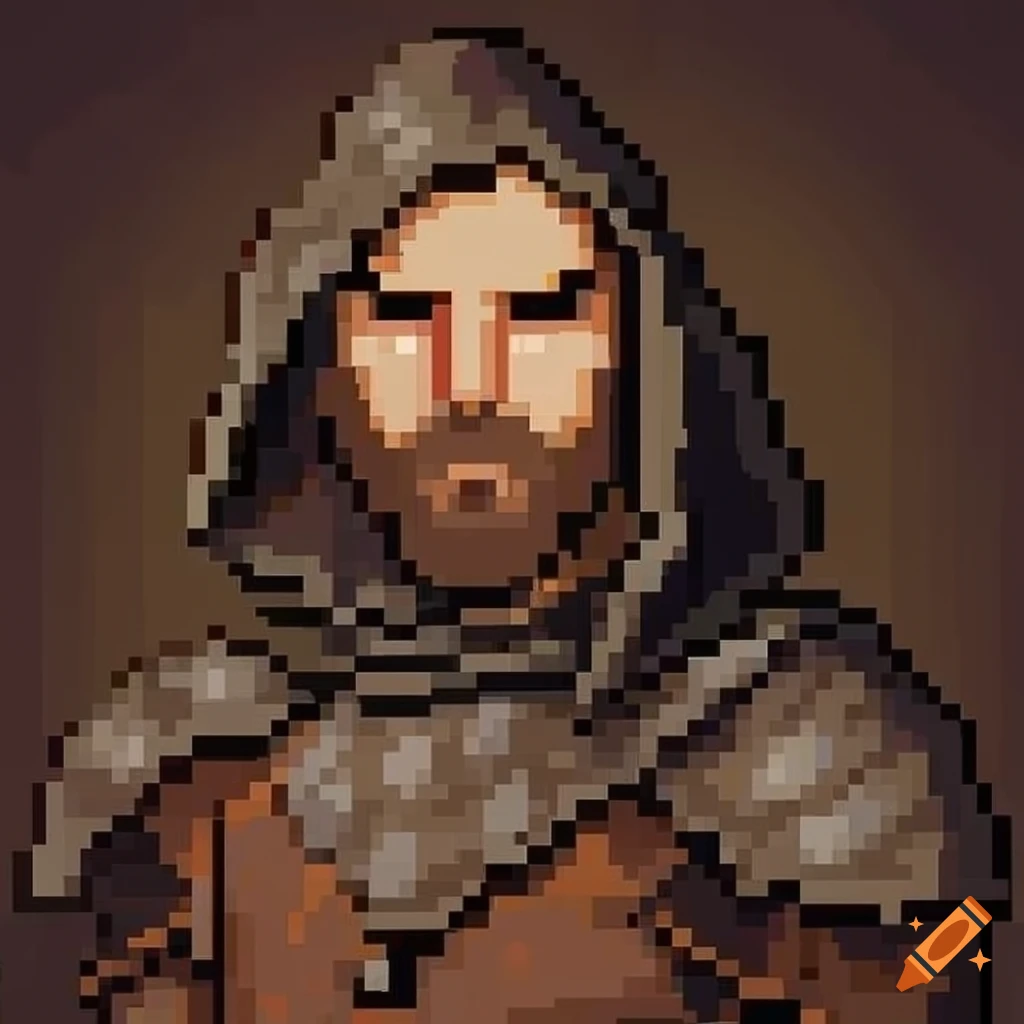 Pixel art of male rogue in leather armor and brown cloak on Craiyon
