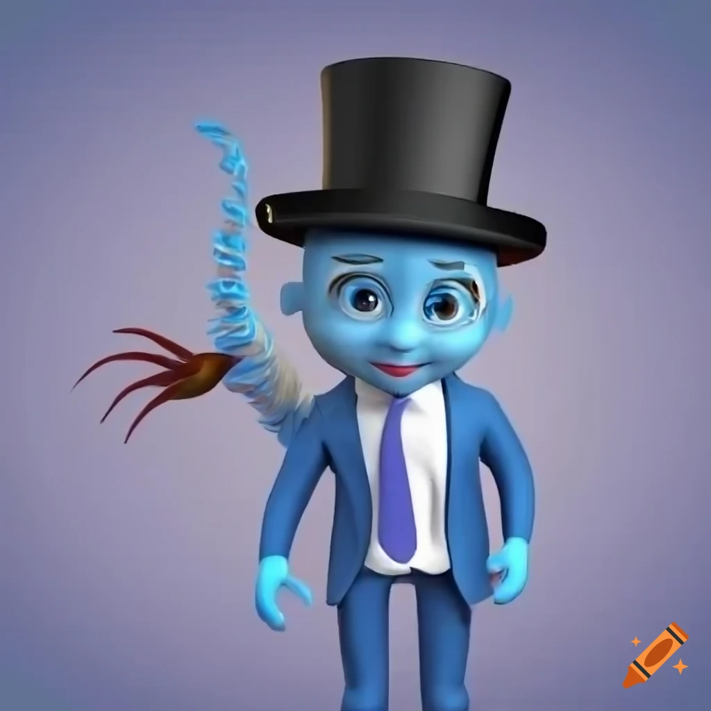 Cute short humanoid cartoon character with top hat and shrimp tail on ...