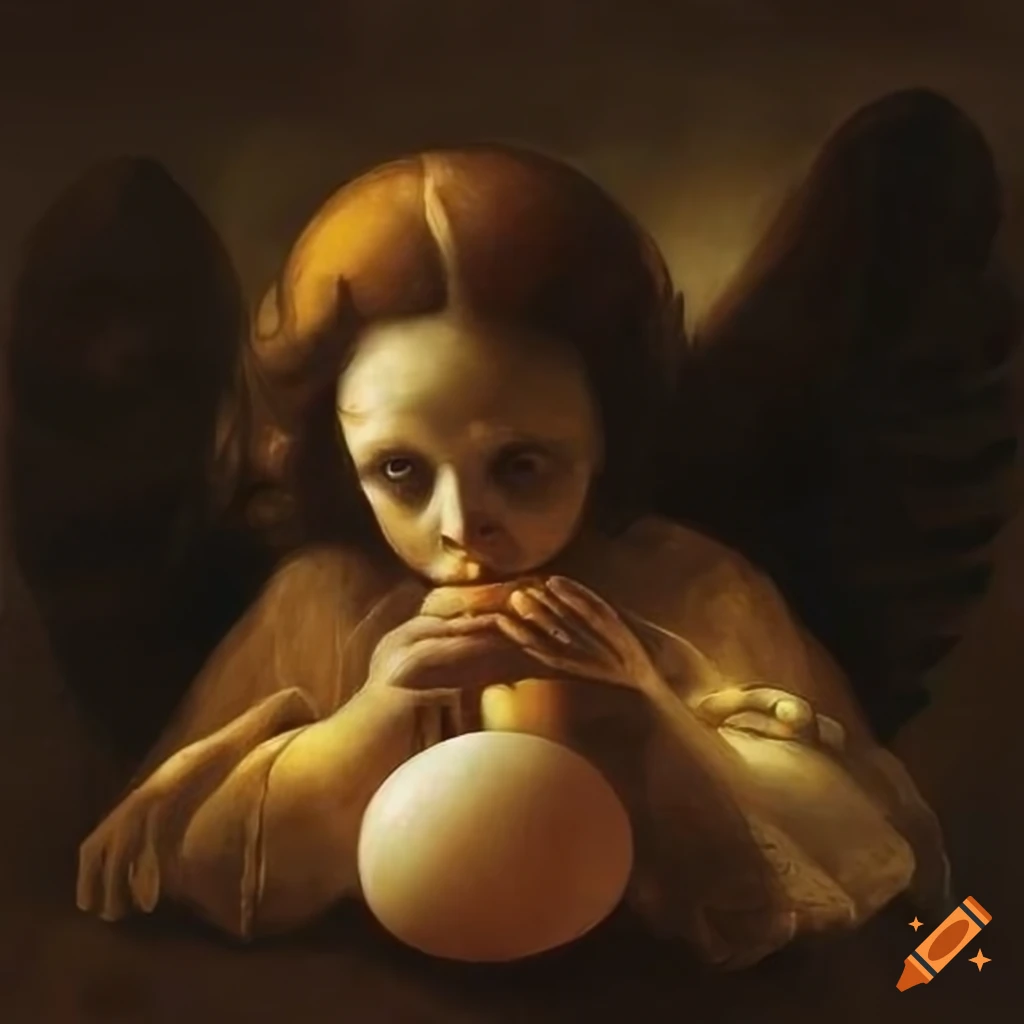 Angel eating eggs in the catacombs with surrealism and chiaroscuro on ...