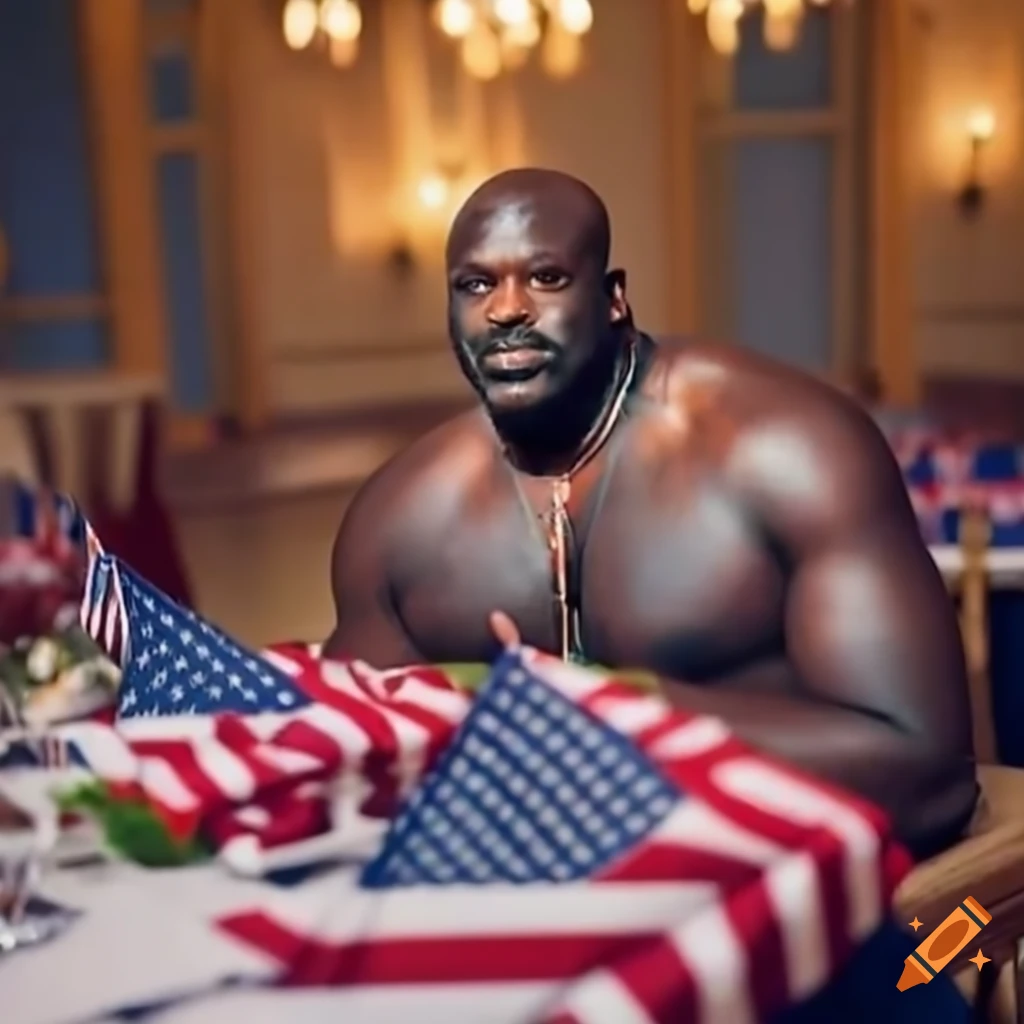 Shaq seated at a formal dinner with american flags in the background on ...
