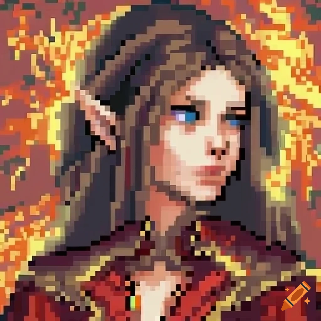 Highly detailed pixel art of a female elf wizard with magical sparks on ...
