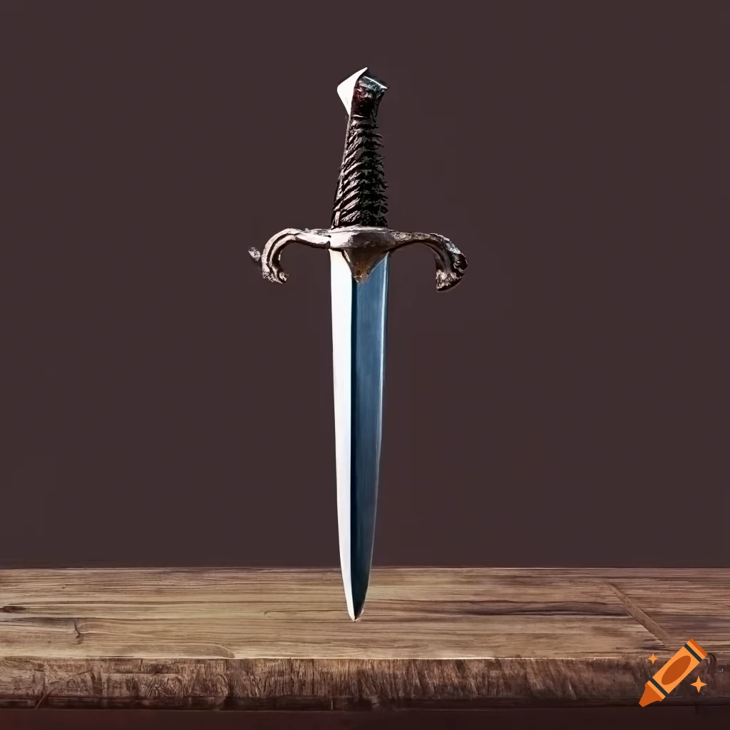 Intricately detailed medieval dagger stuck in a dusty table with a ...