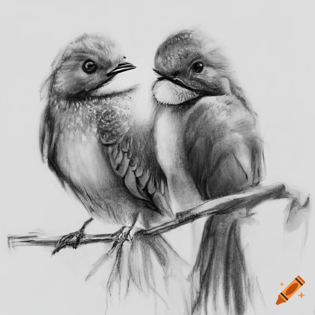 Two little birds hugging in a black and white charcoal drawing on Craiyon