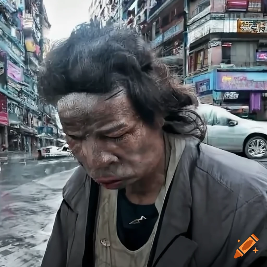 Cyberpunk scene depicting devastated people on Craiyon