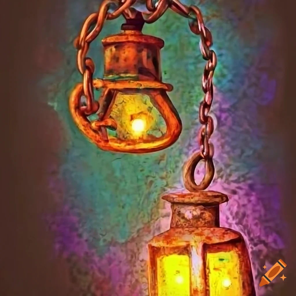 Hand with lit lantern chained to rusty hook on Craiyon