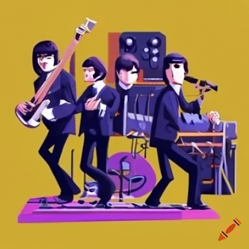Cartoon depiction of the beatles with lennon playing a moog synthesizer ...