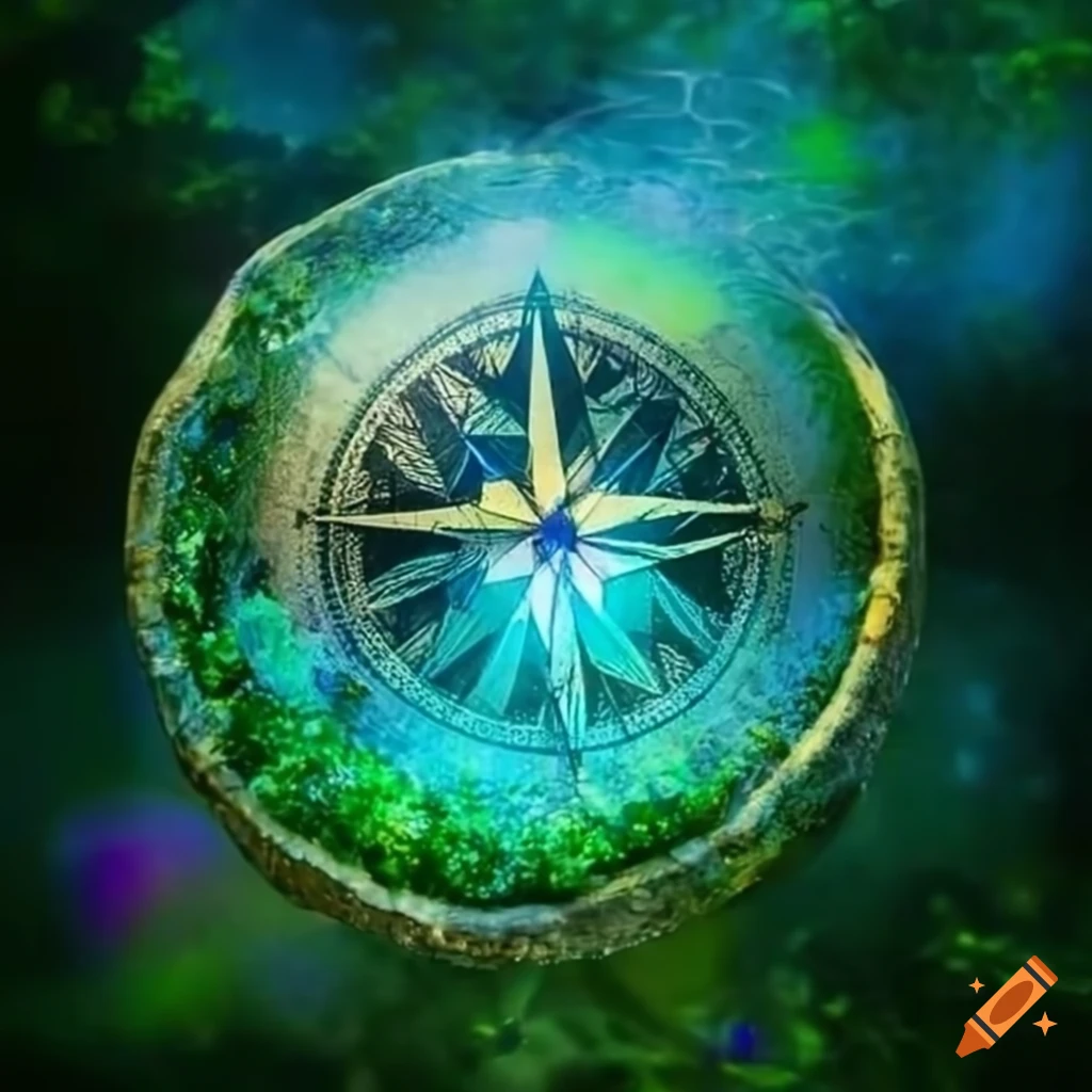 Ancient floating compass with mystical energy in lush greenery on Craiyon