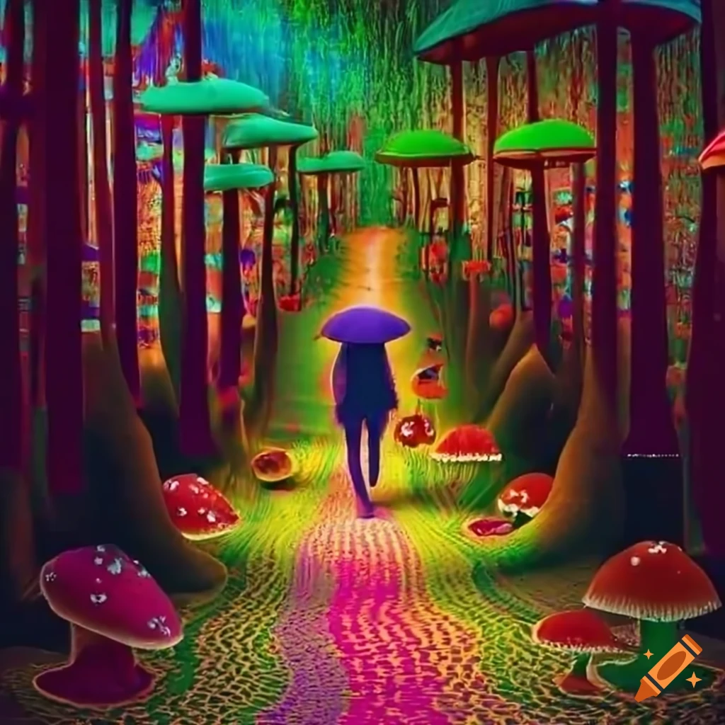 Woman walking towards a colorful psychedelic mushroom field on Craiyon