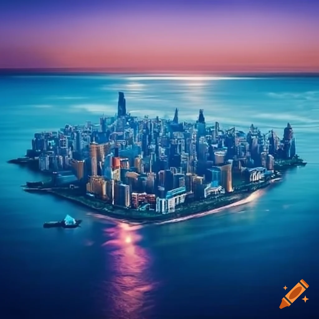 Island city surrounded by water on Craiyon