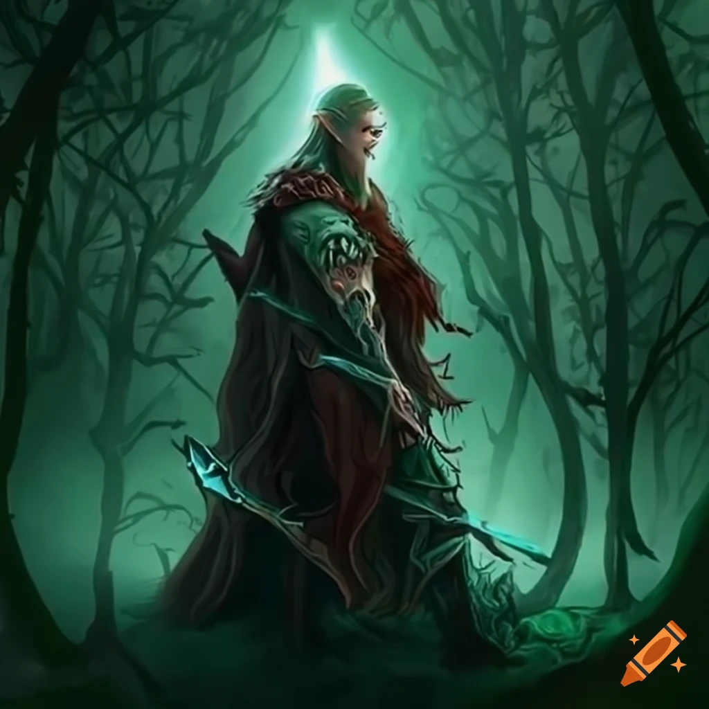 Elf warrior battling an evil wizard in a forest setting on Craiyon