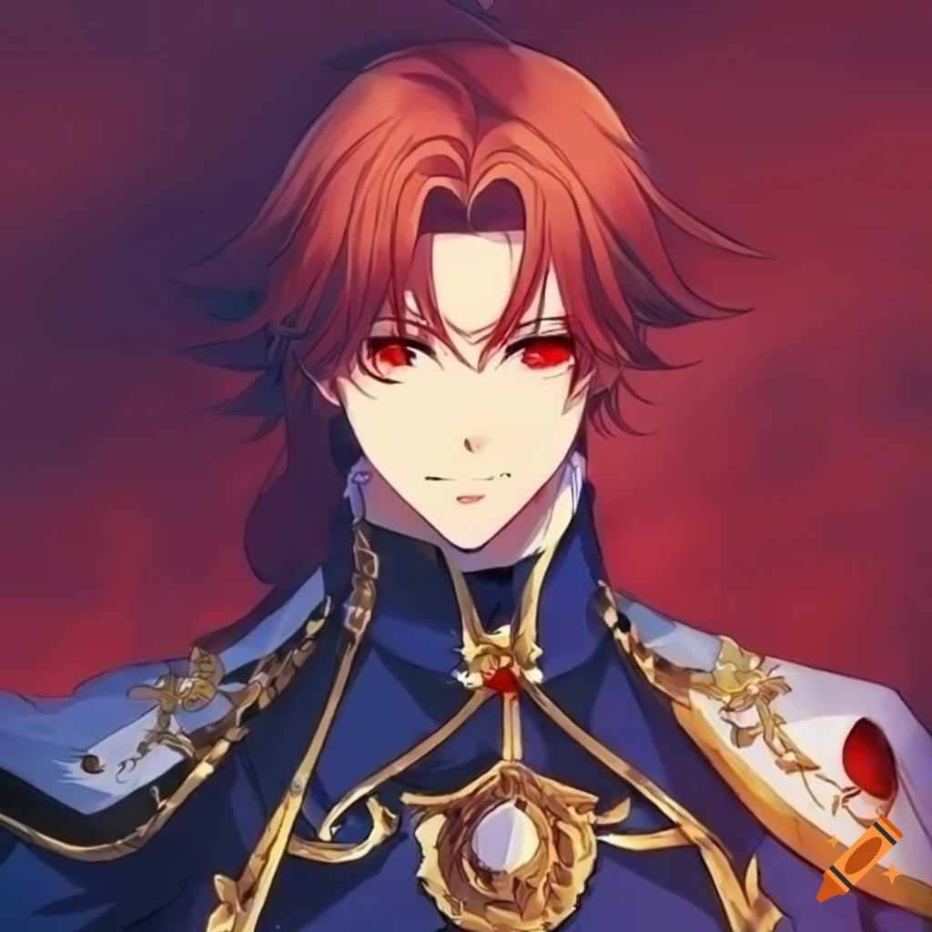 Anime prince with long wavy red hair and red eyes on Craiyon