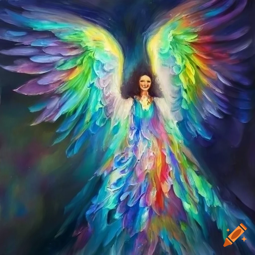 Seraphic angel with iridescent rainbow wings in an oil painting on Craiyon