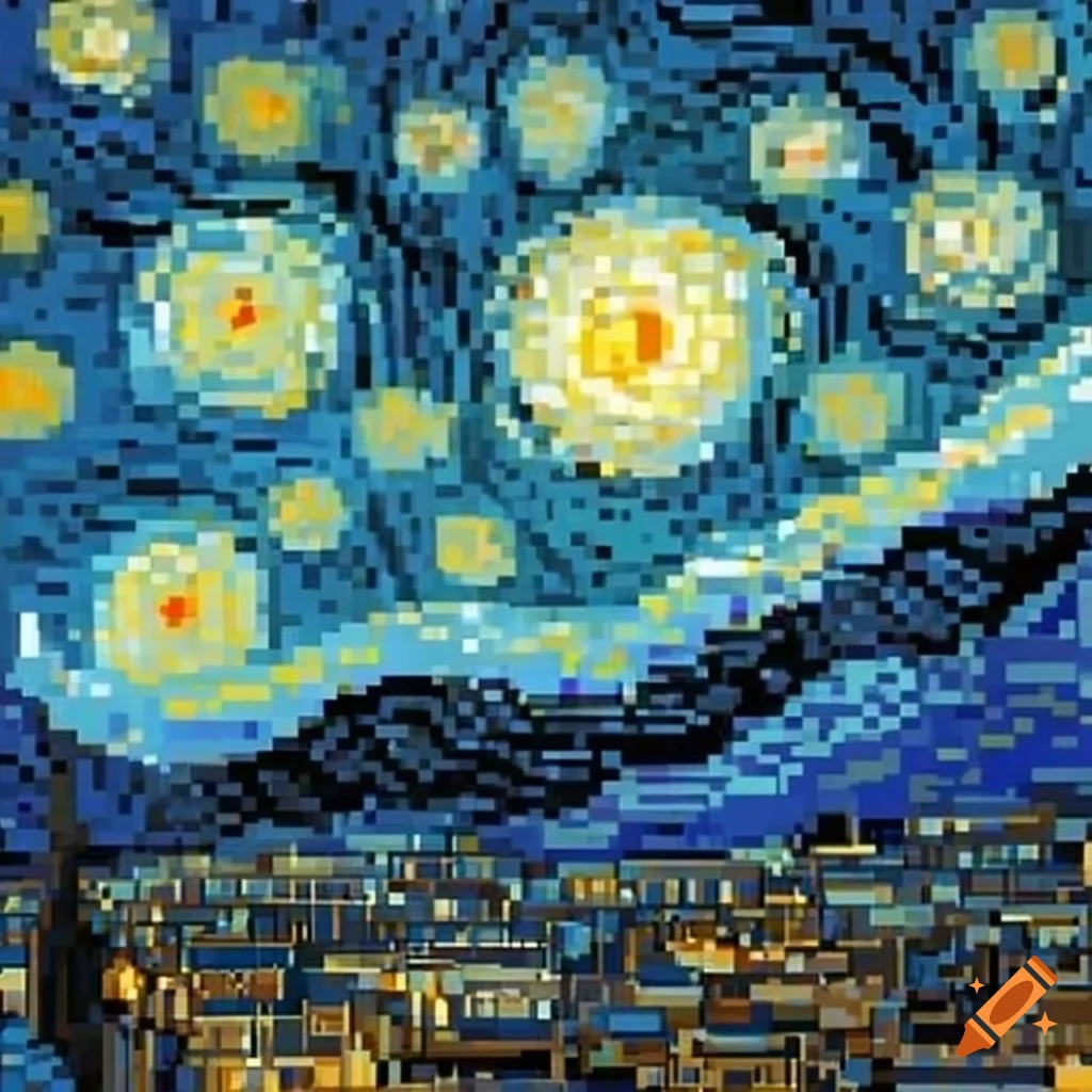 Van gogh's starry night depicted in pixel art on Craiyon