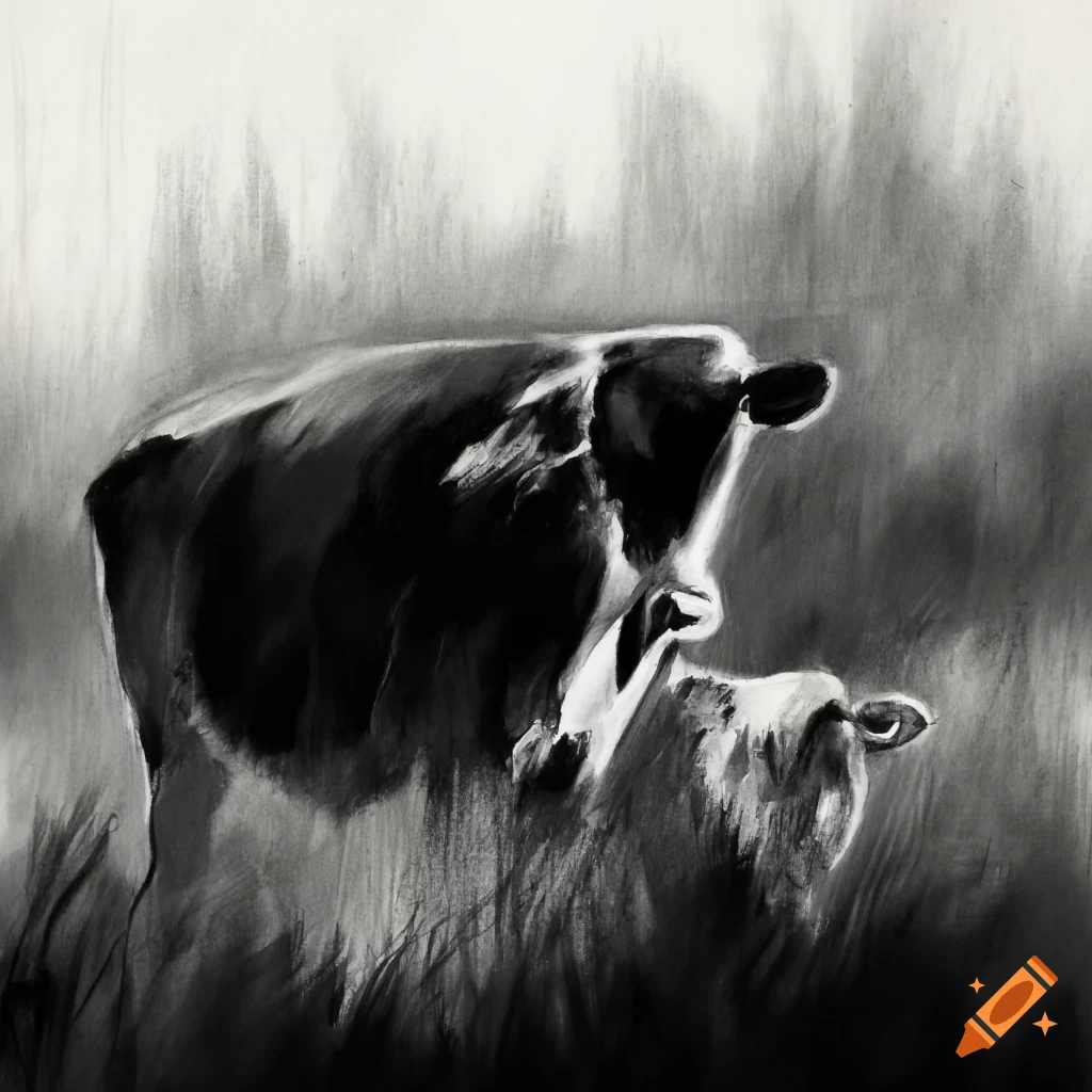 Cows grazing in a field in a charcoal drawing on Craiyon