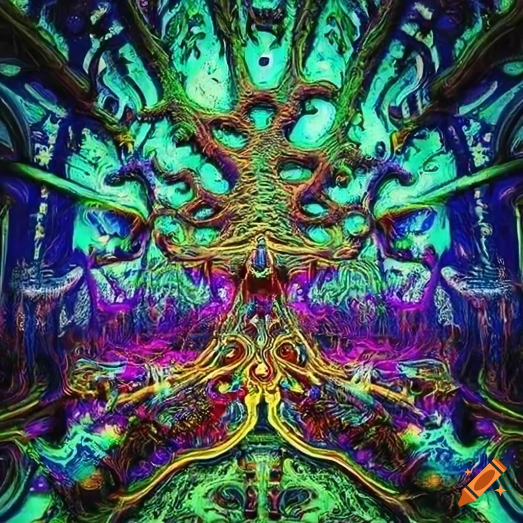 Psychedelic alien tree in tube art style with tropical plants in retro futurism on Craiyon