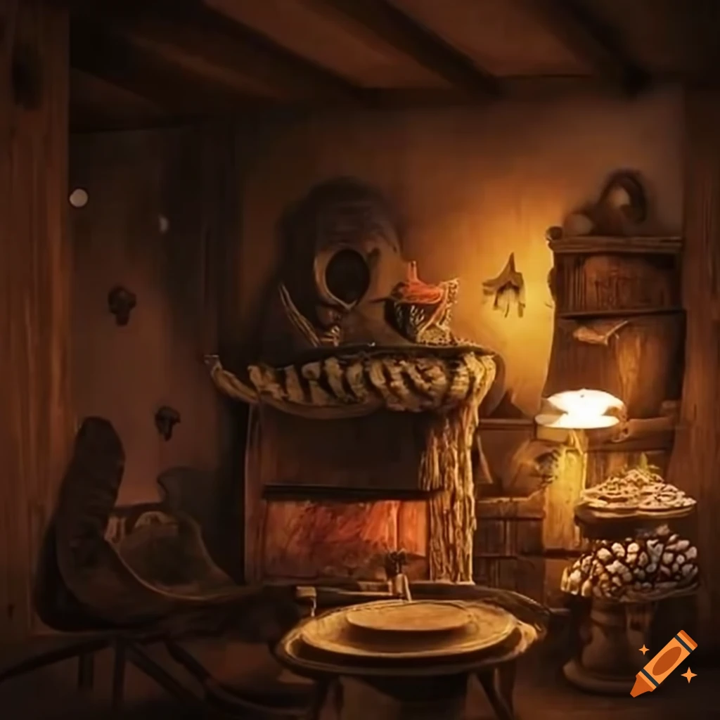 Interior of a rustic medieval cottage at night on Craiyon