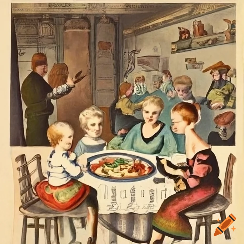 German family sharing a modest meal to conserve food on Craiyon