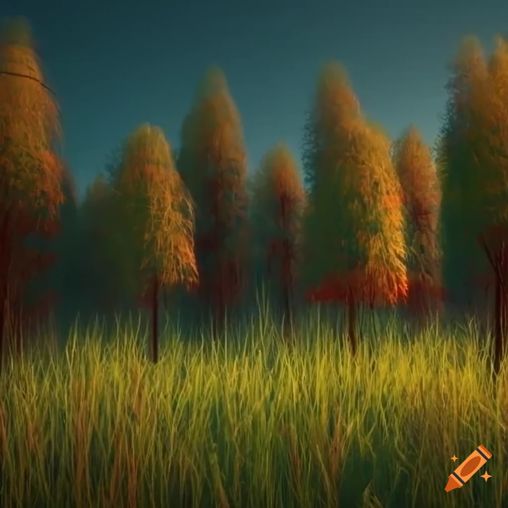 Calming environment with trees, tall grass, and fireflies at sunset on ...