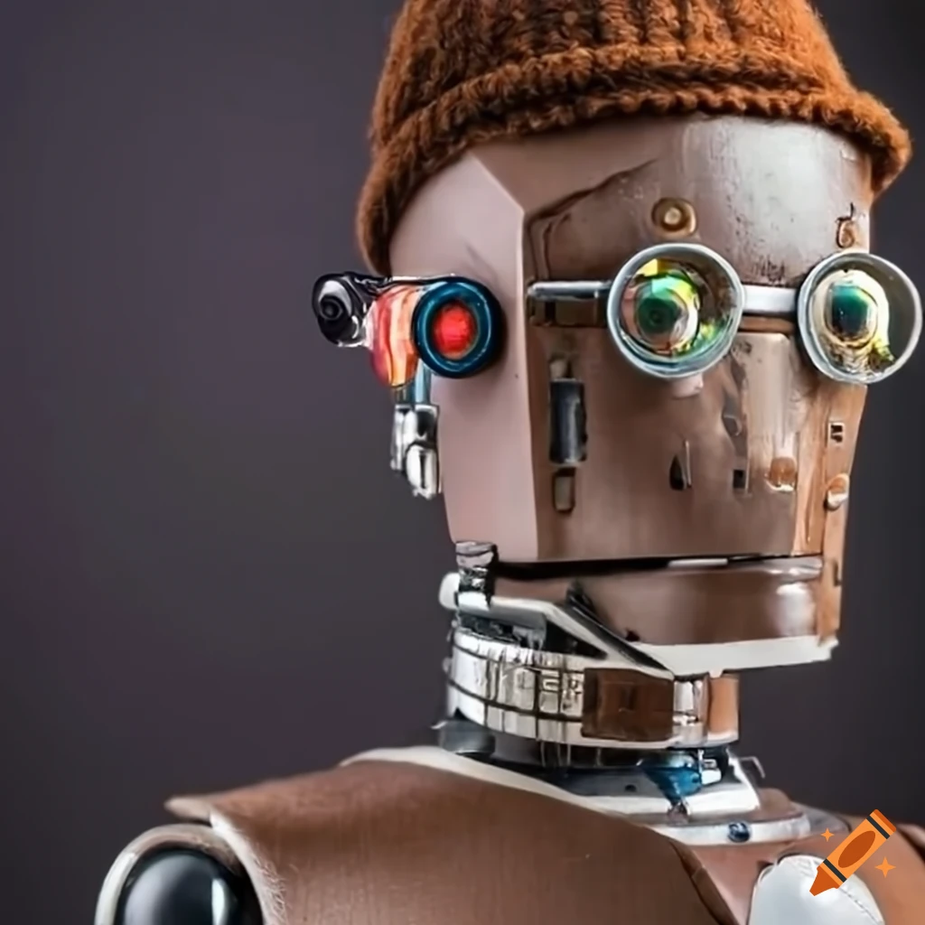 Futuristic old guy robot with brown wool cap and glasses on Craiyon