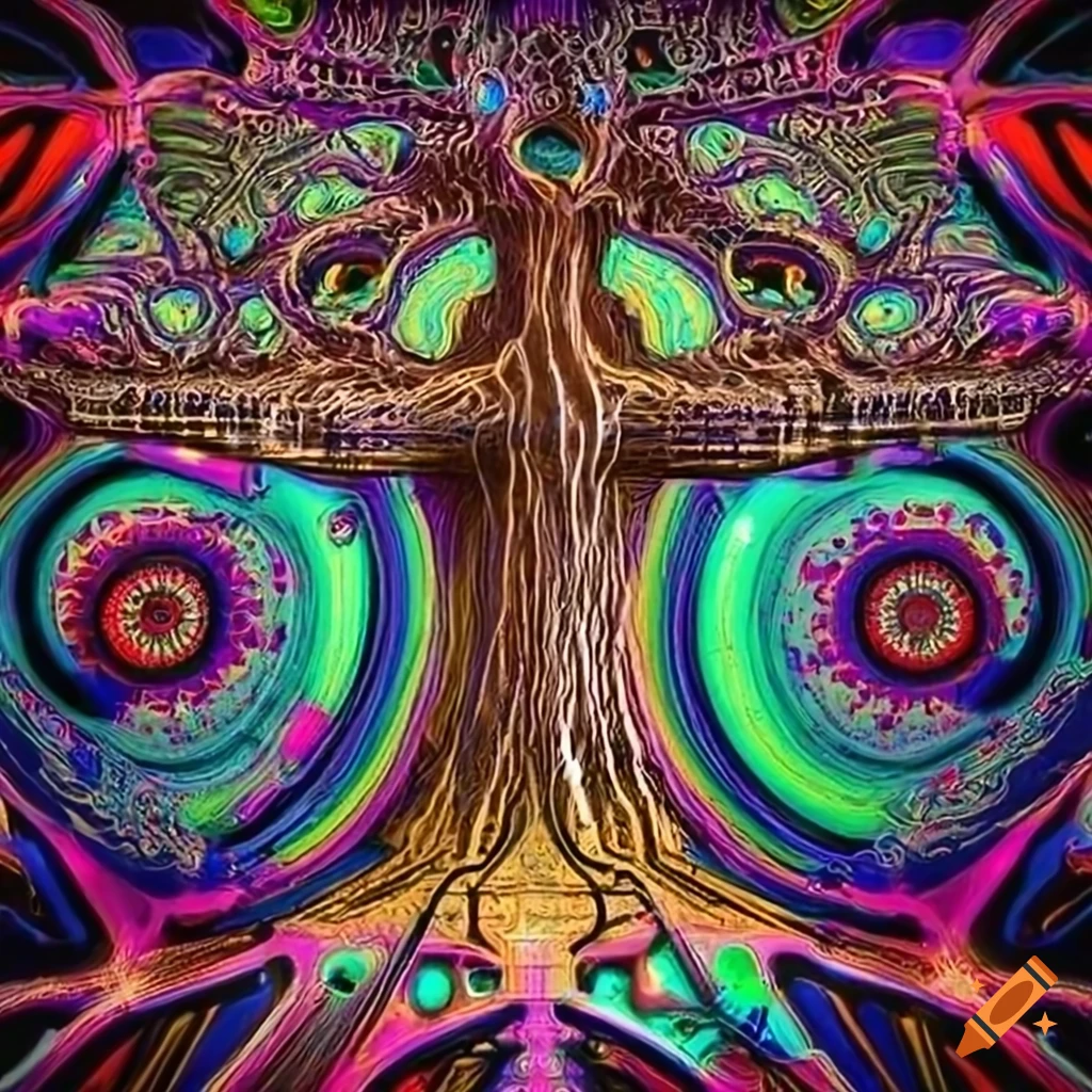 Psychedelic alien tree in tube art style with technical drawing of tropical plants on Craiyon