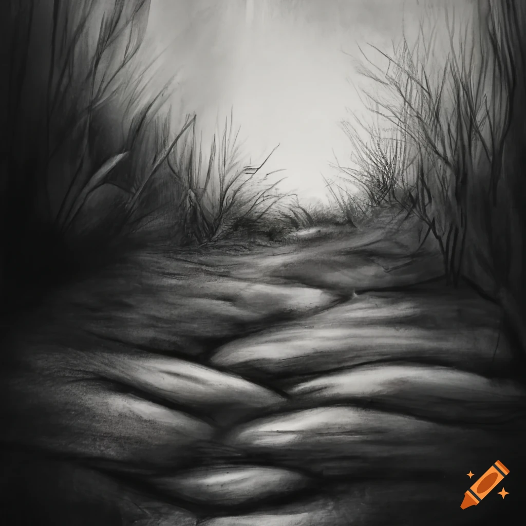 Grass and mud in charcoal drawing in black and white on Craiyon