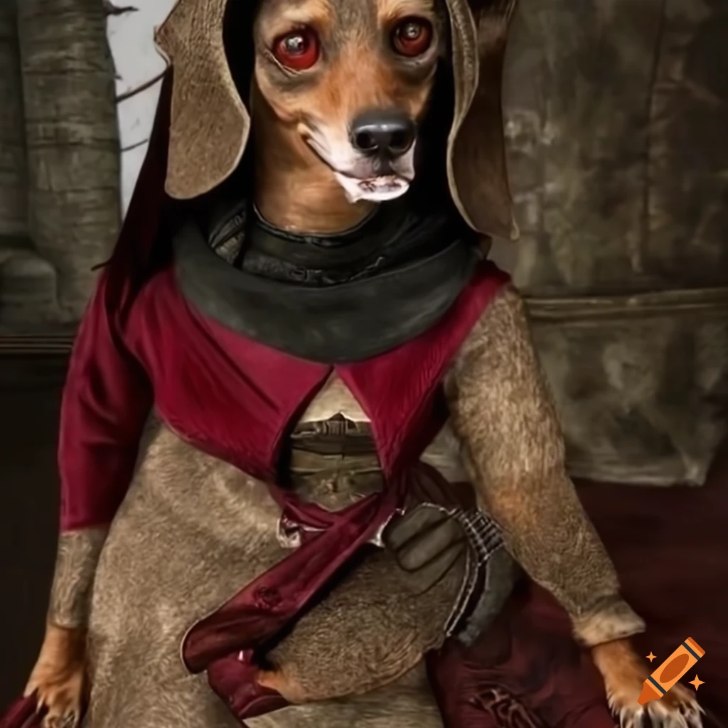 Anthropomorphic dachshund dressed as a Skyrim vampire companion on Craiyon