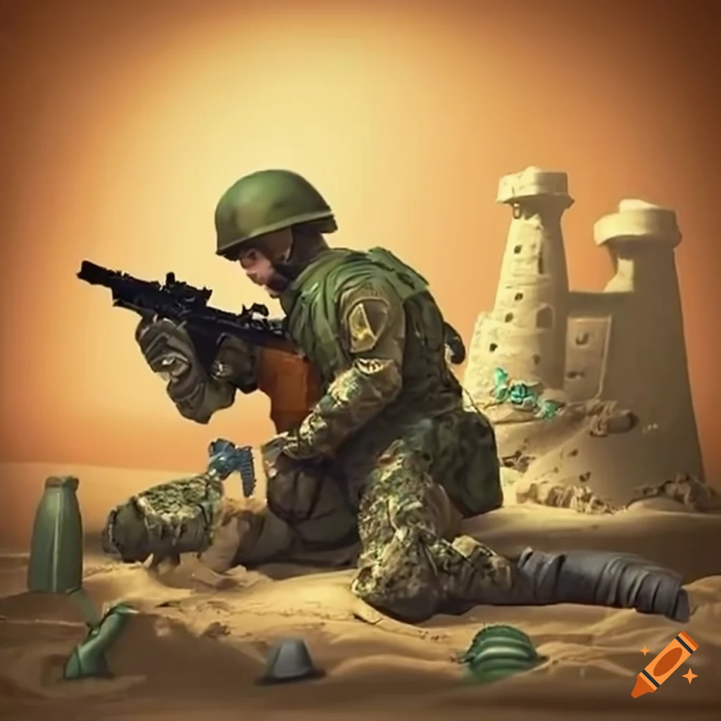 Soldier with machine gun in sand trench next to child building ...