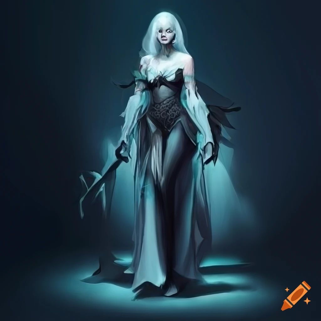 Ethereal female death knight cloaked in shadows on Craiyon
