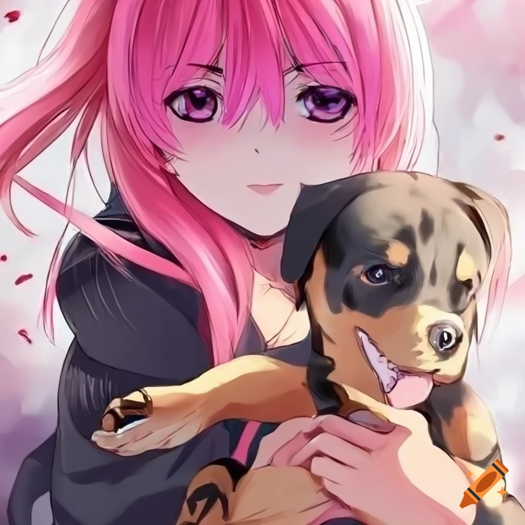 Anime girl with pink hair and friendly Rottweiler on Craiyon