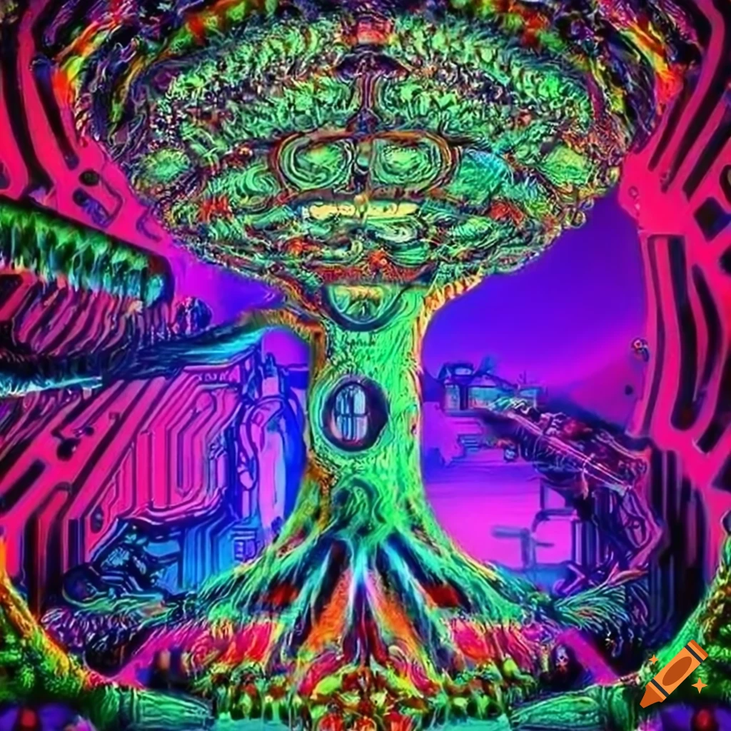 Psychedelic alien tree in tube art style with detailed technical drawing of tropical plants on ...