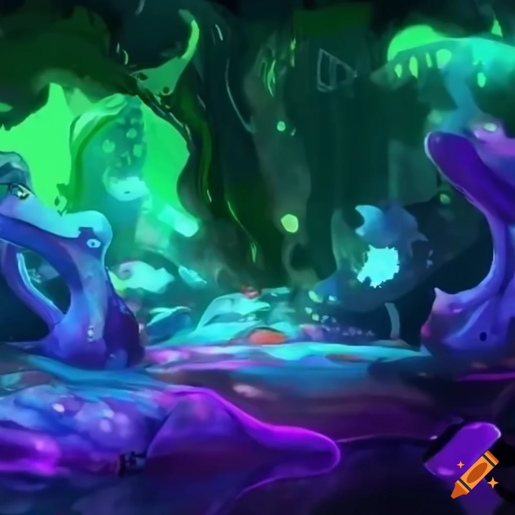 Vibrant neon cave with exotic creatures in the Splatoon universe on Craiyon