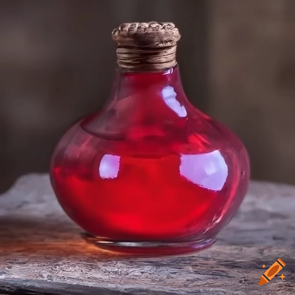 Red potion on a medieval table in a corridor on Craiyon